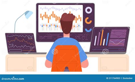 Man Work With Statistics On Computer Screens Data Analyst Stock Vector Illustration Of Office