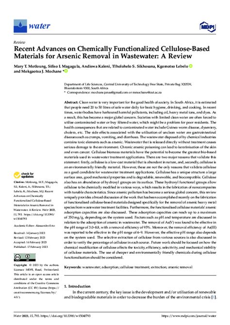 Pdf Recent Advances On Chemically Functionalized Cellulose Based Materials For Arsenic Removal