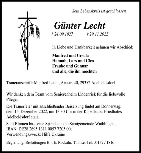 Traueranzeigen Von Günter Lecht Trauer Anzeigen De