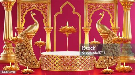 디왈리 축제 디파발리 또는 디왈리를 위한 3d 렌더링 연단은 연단에 금색 디야가 있고 컬러 배경에 무늬가 있고 수정이 있는 빛의 인도 축제입니다 3차원 형태에 대한 스톡