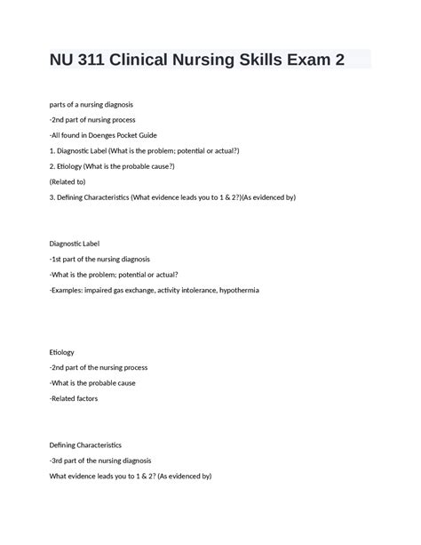 Nu 311 Clinical Nursing Skills Exam 2 Fully Solved Exams Nursing Docsity