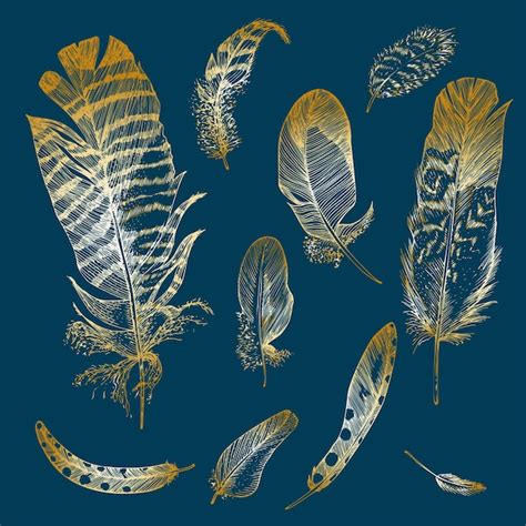 격리 된 배경에 새 깃털의 현실적인 스케치를 설정 자세한 잉크 라인 펜 클립 아트 황금 깃털 Boho 클립 아트 손으로 그린 조각 스타일 빈티지 벡터 프리미엄 벡터