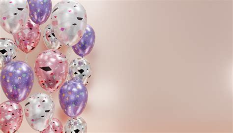 물방울 무늬 헬륨 풍선은 파티와 축하 행사를 위해 떠 다니며 텍스트를 위한 공간이 있습니다 생일 축제 분홍색 배경 인사말 카드 포스터를 위한 최소한의 아이디어 창의적인 개념