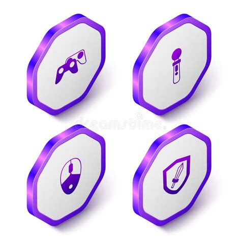 Set Isometric Game Controller Or Joystick Vr Game Computer Mouse And Sword For Icon Purple