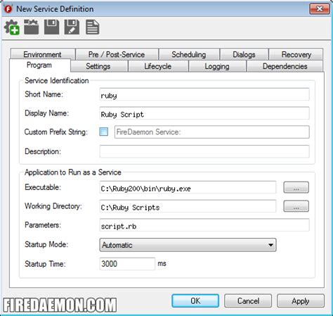 Run A Ruby Script As A Windows Service With Firedaemon Pro
