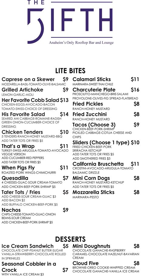 Menu Of Small Bites At The Fifth