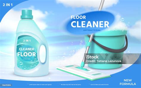 사실적인 걸레와 거품이 있는 양동이가 있는 바닥 청소 제품 포스터 기포가 있는 표면 클리너 병 바닥 세제 광고 벡터 설계 대걸레에 대한 스톡 벡터 아트 및 기타 이미지