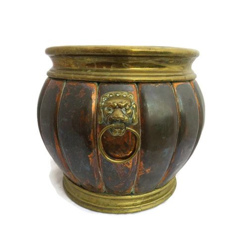 Large Victorian Copper Jardiniere 14hlarge Antique Brass Planter With Lion Handles 19th