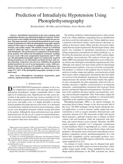 Pdf Prediction Of Intradialytic Hypotension Using Photoplethysmography