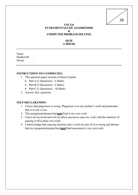 01 Csc126 Quiz Wednesday 30 Csc Fundamentals Of Algorithms And Computer