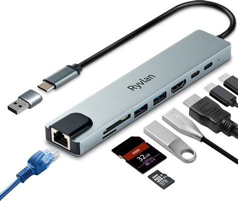Ryvlan 8 合 1 連接埠 Usb C 集線器 附 Usb A 轉接器 Hdmi 轉接器 4k 多埠 分配器 適用於 C 型裝置的底座底座