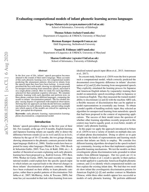 Pdf Evaluating Computational Models Of Infant Phonetic Learning Across Languages