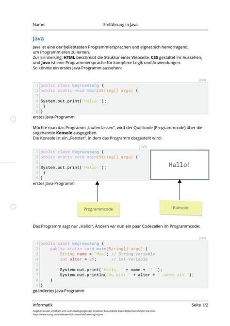 arbeitsblatt einführung in java informatik tutory de