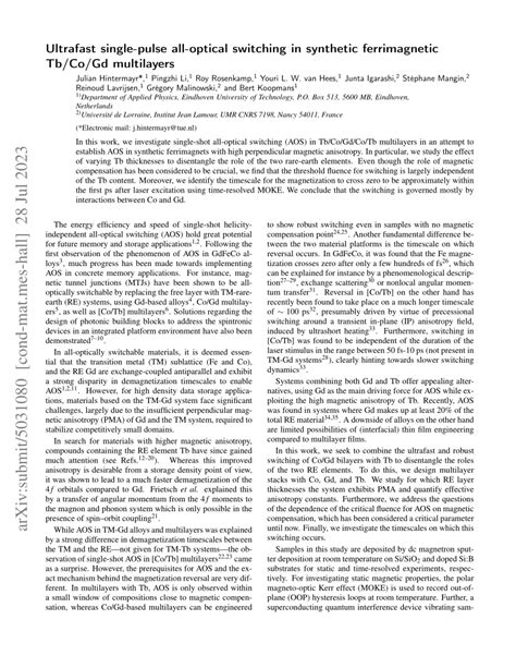 Pdf Ultrafast Single Pulse All Optical Switching In Synthetic Ferrimagnetic Tb Co Gd Multilayers