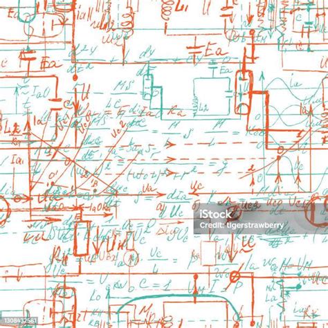 필기 수학적 및 물리적 수식 전자 구성 요소 회로 도표 및 장치의 회로와 과학적 원활한 배경 전기 패턴 벡터 필기에 대한 스톡