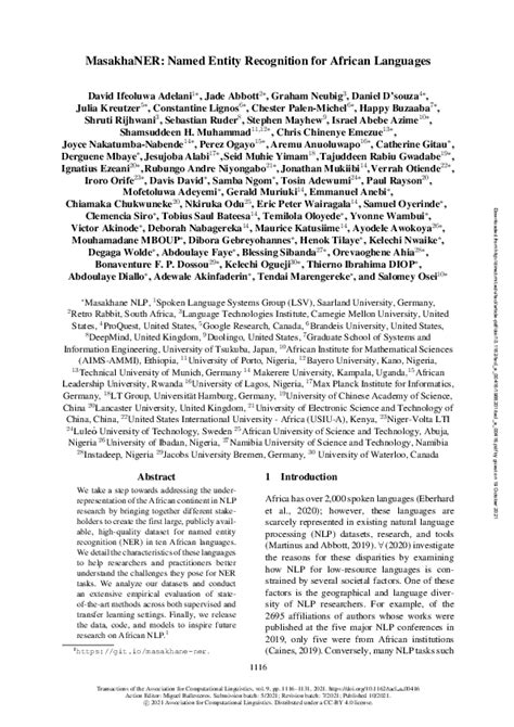 Pdf Masakhaner Named Entity Recognition For African Languages Shamsuddeen Muhammad