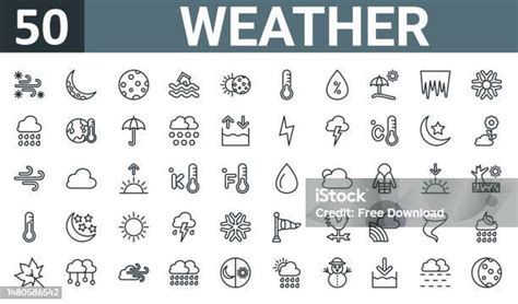 눈보라 반달 보름달 홍수 태양 추위 습도 벡터 얇은 아이콘 프리젠 테이션 다이어그램 웹 디자인 모바일 앱과 같은 50 개의 개요 웹 날씨 아이콘 세트 가뭄에 대한 스톡 벡터