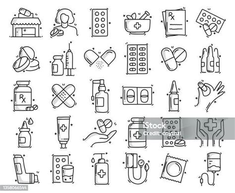 약국 관련 개체 및 요소 손으로 그린 벡터 낙서 일러스트 레이션 컬렉션 손으로 그린 아이콘 세트입니다 낙서 드로잉에 대한 스톡 벡터 아트 및 기타 이미지 Istock