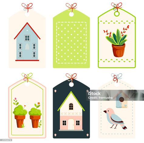 홈 스위트 홈 복고풍 스타일의 귀여운 태그 세트입니다 빈티지 라벨의 장난감 나무집 새 식물 진흙 냄비 컬렉션 주택 보험 모기지 구매 및 임대 개념 벡터 일러스트 레이 션