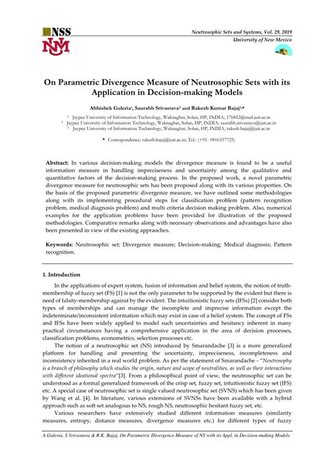 Pdf On Parametric Divergence Measure Of Neutrosophic Sets With Its Application In Decision