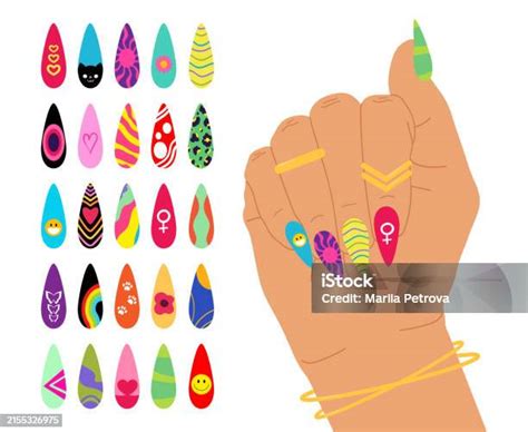 네일 디자인 아트 세트입니다 밝고 화려한 매니큐어 디자인 화려한 색의 손톱을 가진 여자 손 벡터 일러스트 레이 션 1990