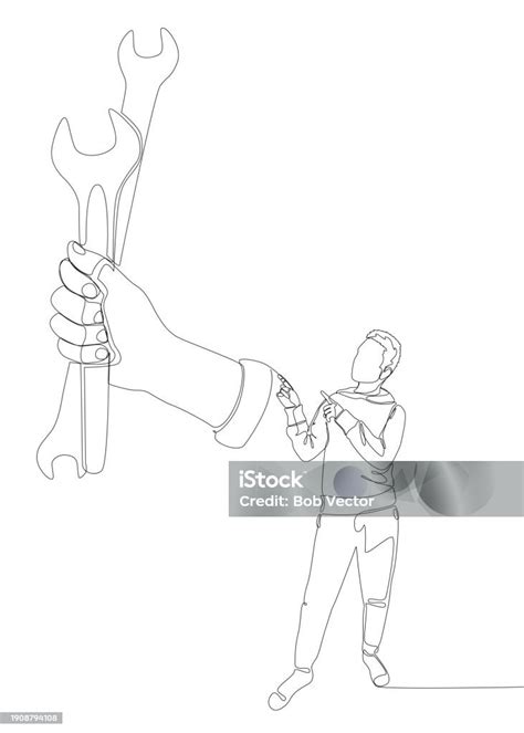 One Continuous Line Of Man Pointing With Finger At Wrench Thin Line Illustration Vector Concept