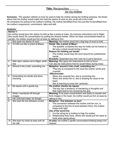 Summary Reciprocities Grade 12 English Fal Poempoetry Analysis