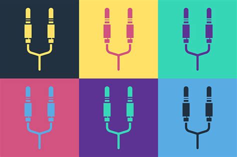 팝 아트 오디오 잭 아이콘 색상 배경에 격리 연결 사운드 장비용 오디오 케이블입니다 플러그 와이어 악기 벡터 일러스트레이션 고풍스런에 대한 스톡 벡터 아트 및 기타 이미지