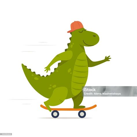 귀여운 공룡이 스케이트보드를 타고 있다 티라노사우루스 스케이트 보더 아이들은 공룡으로 인쇄합니다 인쇄 옷 인사말 카드 어린이 방 장식에 대 한 벡터 그림입니다 거리에 대한