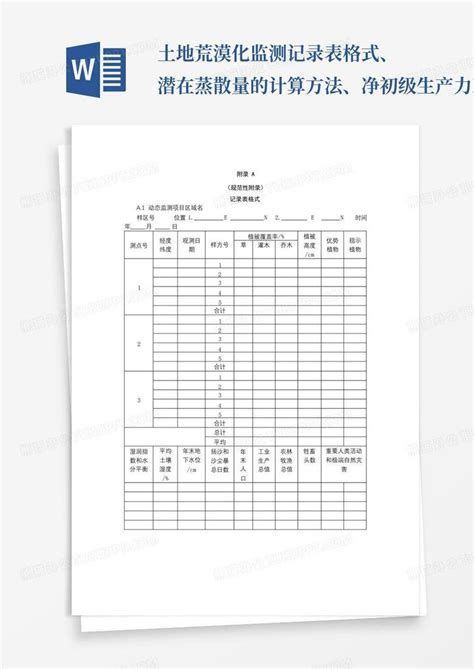 土地荒漠化监测记录表格式、潜在蒸散量的计算方法、净初级生产力npp计word模板下载 编号qowezwmj 熊猫办公