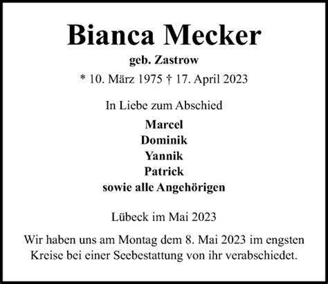 Traueranzeigen Von Bianca Mecker Trauer Anzeigen De