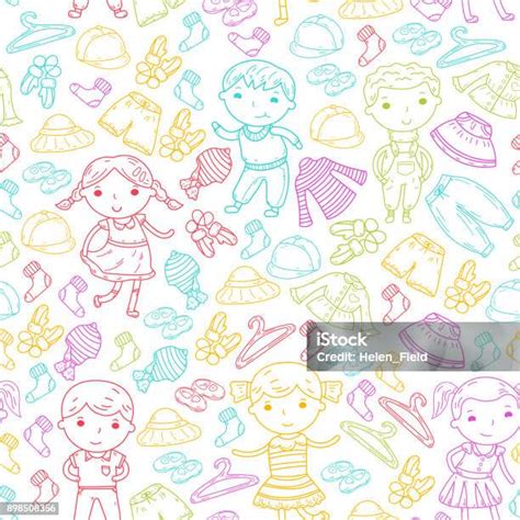 어린이 의류 벡터 아이콘입니다 유치원입니다 보육입니다 공 방입니다 의류 학교 여름 의류 아이 스토어 원활한 패턴 2 3 살에 대한 스톡 벡터 아트 및 기타 이미지 Istock