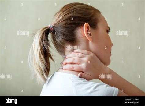 Neck Shoulder Pain Cervical Vertebrae Woman Holds Neck With Pain