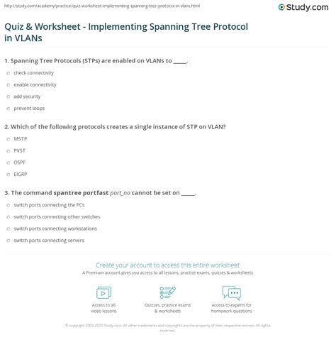 quiz and worksheet implementing spanning tree protocol in vlans