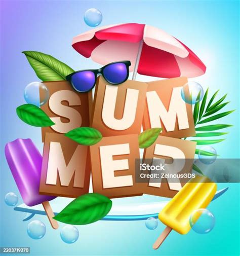 여름 벡터 컨셉 디자인입니다 스크래블 나무 블록에 담긴 여름 텍스트는 아이스 캔디 나뭇잎 및 열대 요소가 있습니다 3차원 형태에 대한 스톡 벡터 아트 및 기타 이미지