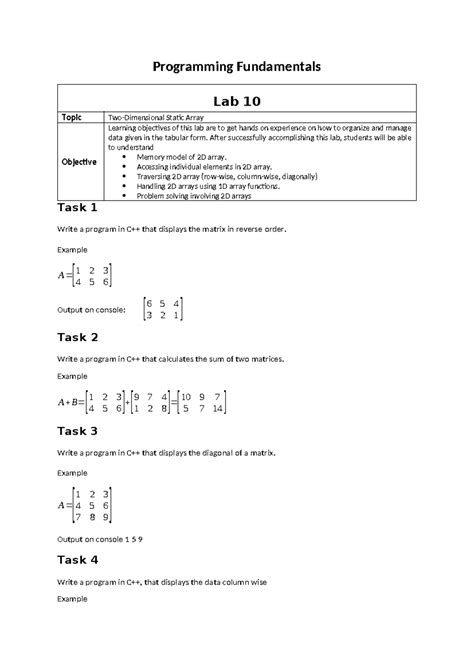 Pf Lab 10 Lab Programming Fundamentals Lab 10 Topic Two Dimensional Static Array Objective