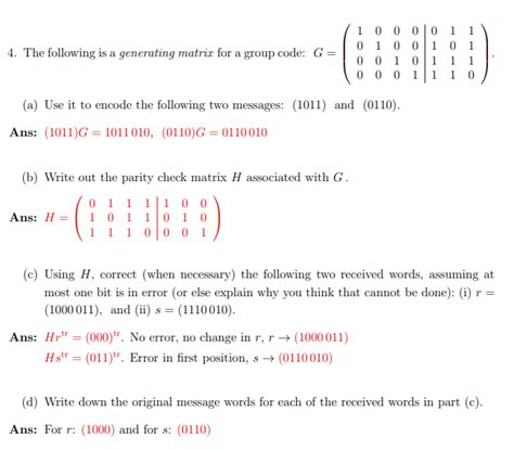 Solved The Following Is A Generating Matrix For A Group
