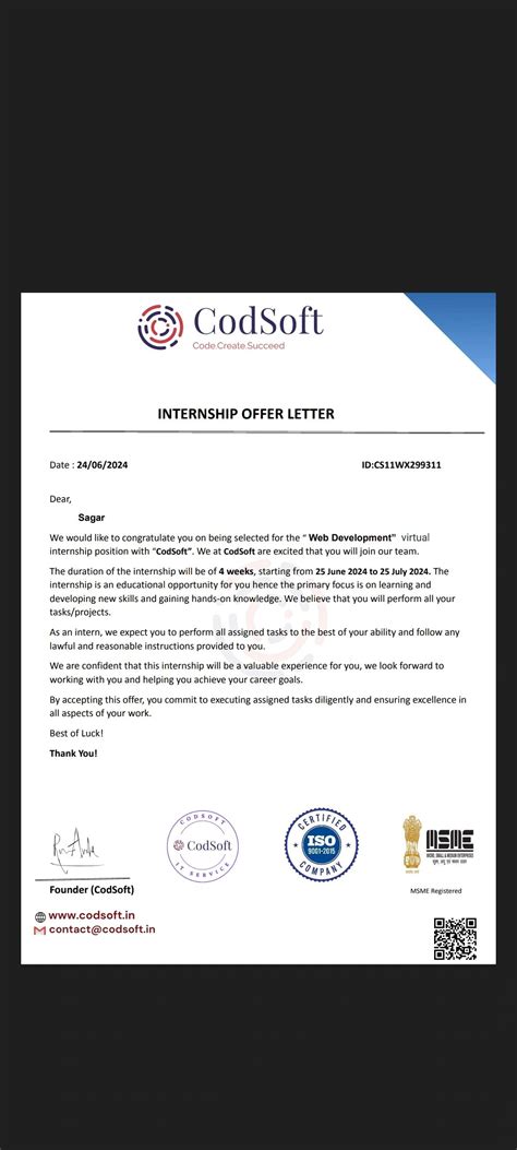 Excited To Announce That I Have Started My Internship At Codsoft As A Web Developer And Im Also