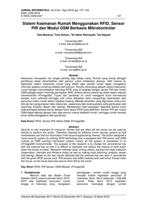 Pdf Sistem Keamanan Rumah Menggunakan Rfid Sensor Pir Dan Modul Gsm Berbasis Mikrokontroler