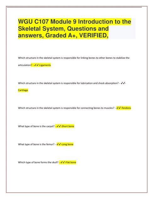 Wgu C107 Module 9 Introduction To The Skeletal System Questions And Answers Graded A