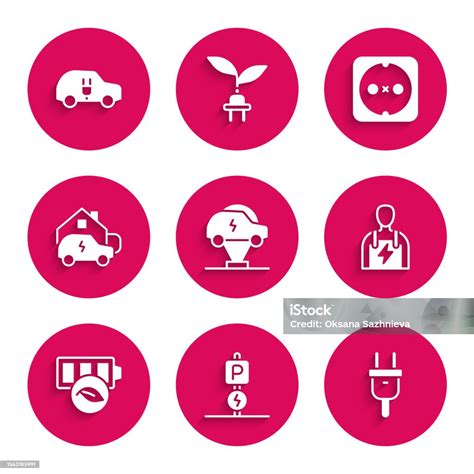 전기 자동차 충전 주차 전기 플러그 자동차 정비사 에코 자연 잎 배터리 가정 전기 콘센트 및 아이콘을 설정합니다 벡터 교통수단에 대한 스톡 벡터 아트 및 기타 이미지