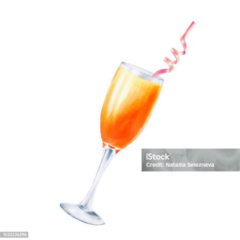 주황색 칵테일이 있는 유리 잔과 음료를 위한 분홍색 튜브의 수채화 그림 하얀 배경에 분리된 상쾌한 주스 디자이너 스파 장식 엽서