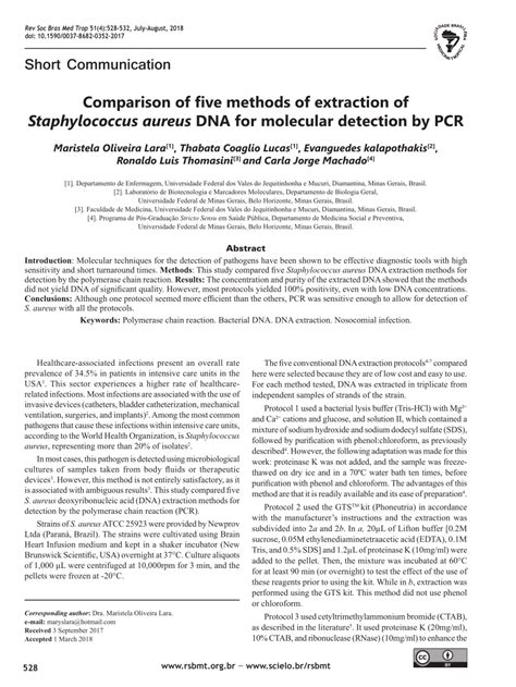 Pdf Comparison Of Five Methods Of Extraction Of Staphylococcus Aureus Dna For Molecular