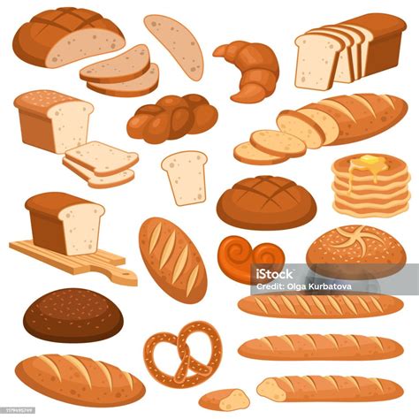 만화 빵입니다 베이커리 호밀 제품 밀 및 곡물 슬라이스 빵 프렌치 바게트 크루아상 베이글 토스트 벡터 메뉴 디자인 음식에 대한 스톡 벡터 아트 및 기타 이미지 Istock