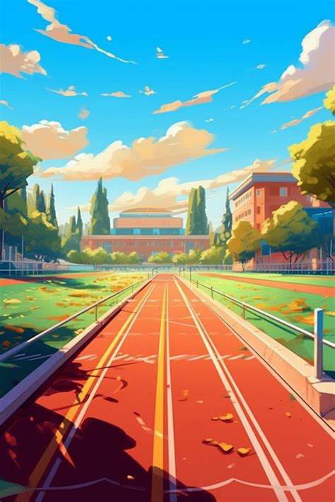 跑道绿茵足球场扁平风校园球场操场插画