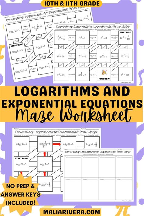 Converting Between Logarithmic And Exponential Equations Maze Worksheet Algebra Resources