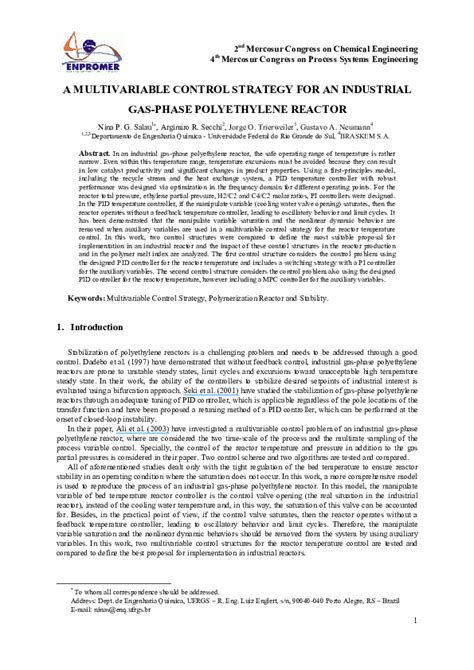 Pdf A Multivariable Control Strategy For An Industrial Gas Phase Polyethylene Reactor
