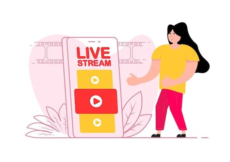 premium vector a woman stands near the smartphone on the screen live stream layer broadcast
