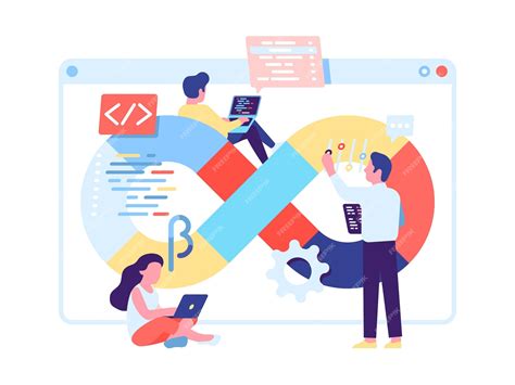 데브옵스 엔지니어 프로그램 제품 구축 잘 조정된 팀워크 소프트웨어 개발자 협업 전문가의 생산적인 상호 작용 프로그래머는 Ui를 코딩하고 개발합니다 벡터 개념