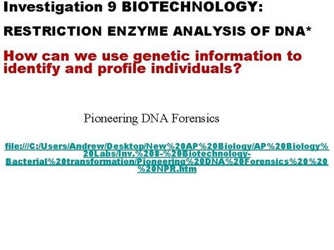 Investigation BIOTECHNOLOGY RESTRICTION ENZYME ANALYSIS OF DNA